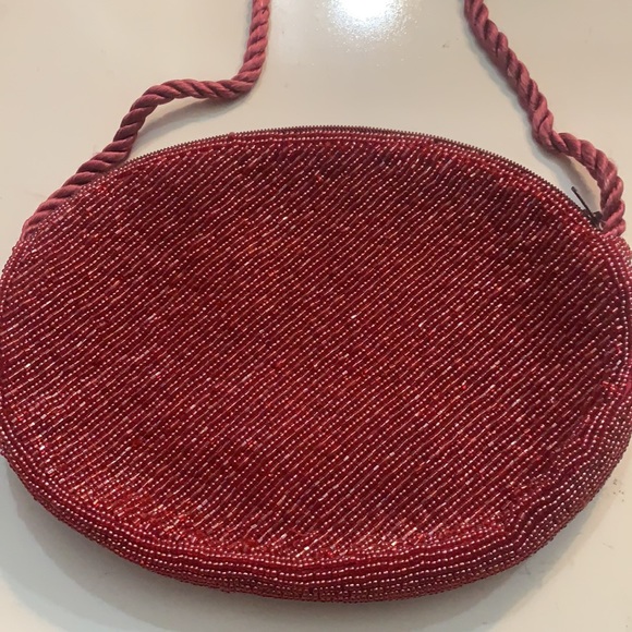 Bags | Red Beaded Bag Clutch Purse Handbag Evening Rope Shoulder Strap ...